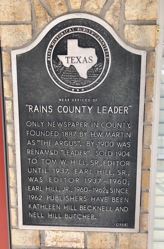 Near Offices of "Rains County Leader" Historical Marker