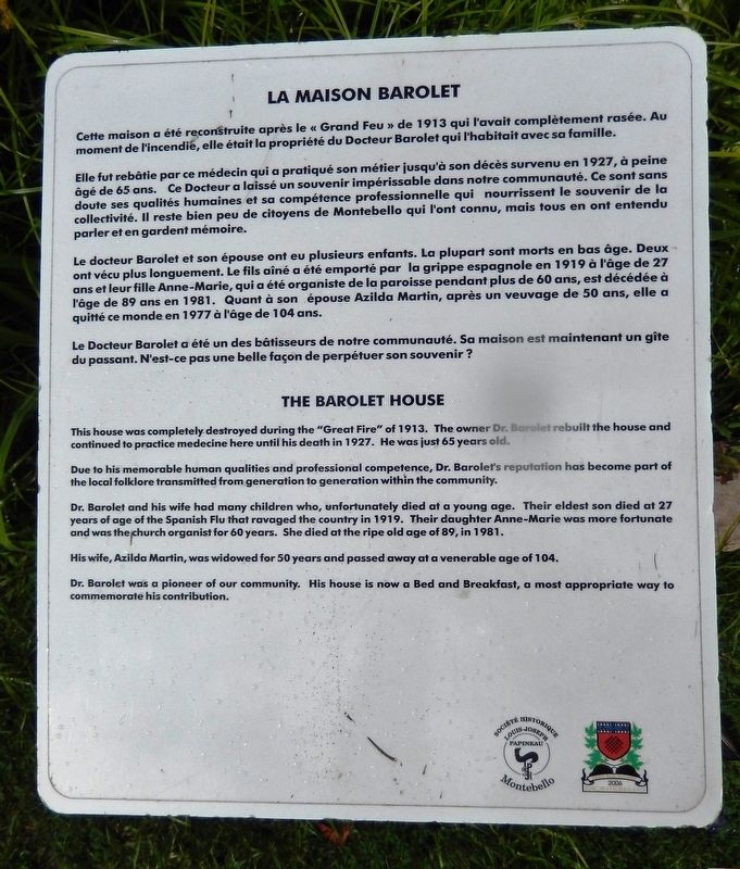 La Maison Barolet / The Barolet House Historical Marker