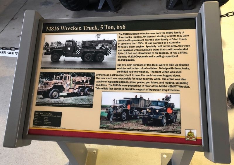 M816 Wrecker, Truck, 5 Ton, 6×6 Historical Marker