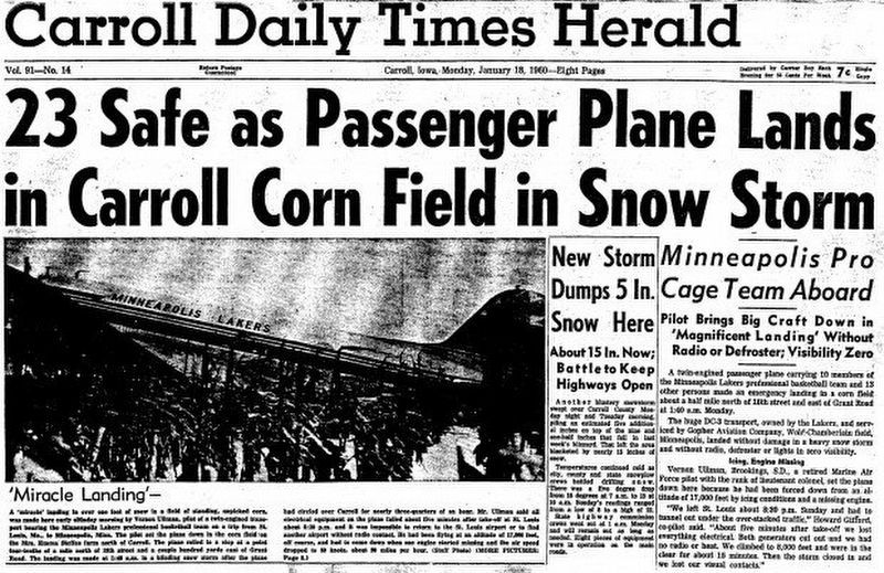 The Miracle Cornfield Landing of 1960 Historical Marker