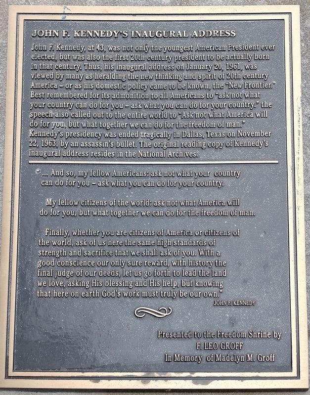 John F. Kennedy's Inaugural Address Historical Marker