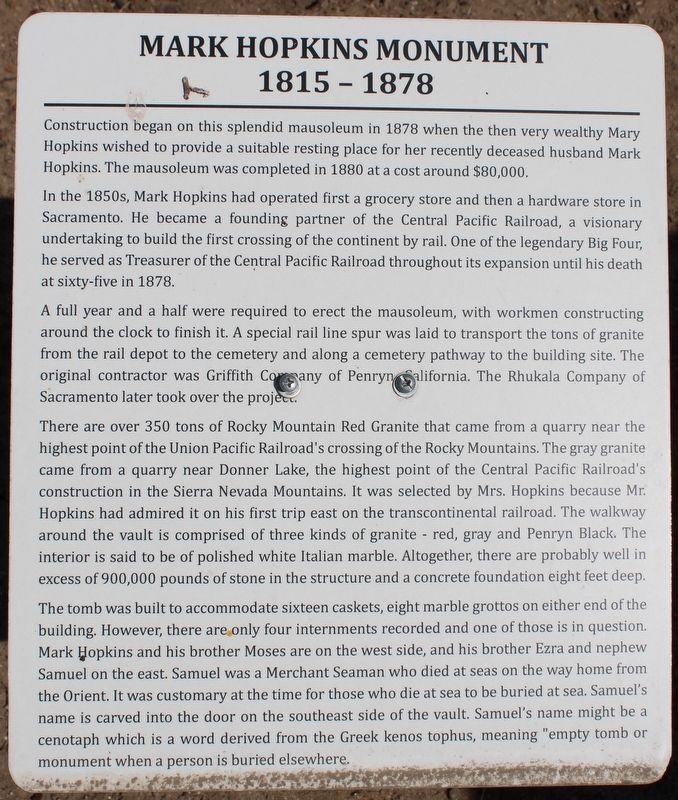 Mark Hopkins Monument Historical Marker
