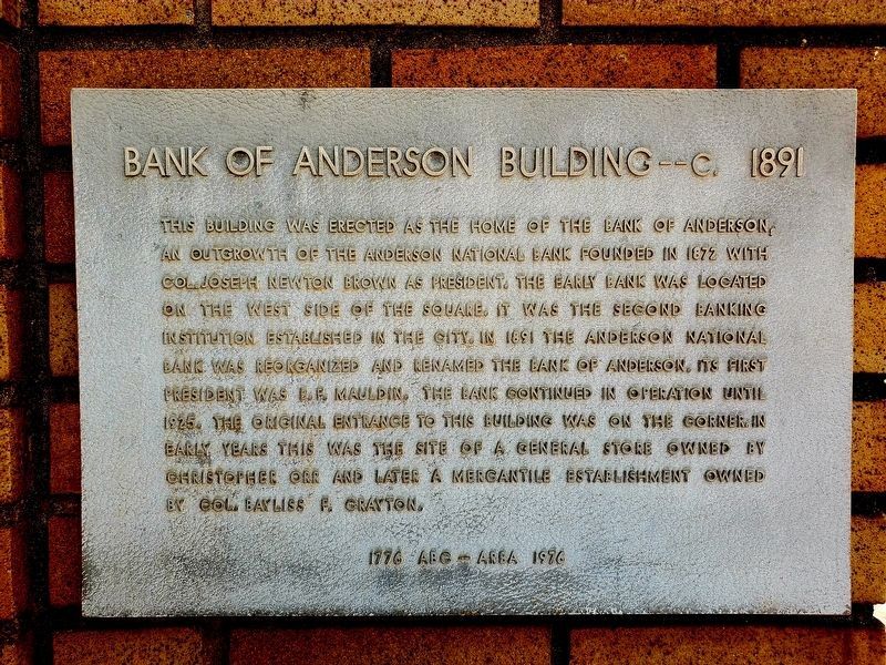 Bank of Anderson Building - ca. 1891 Historical Marker