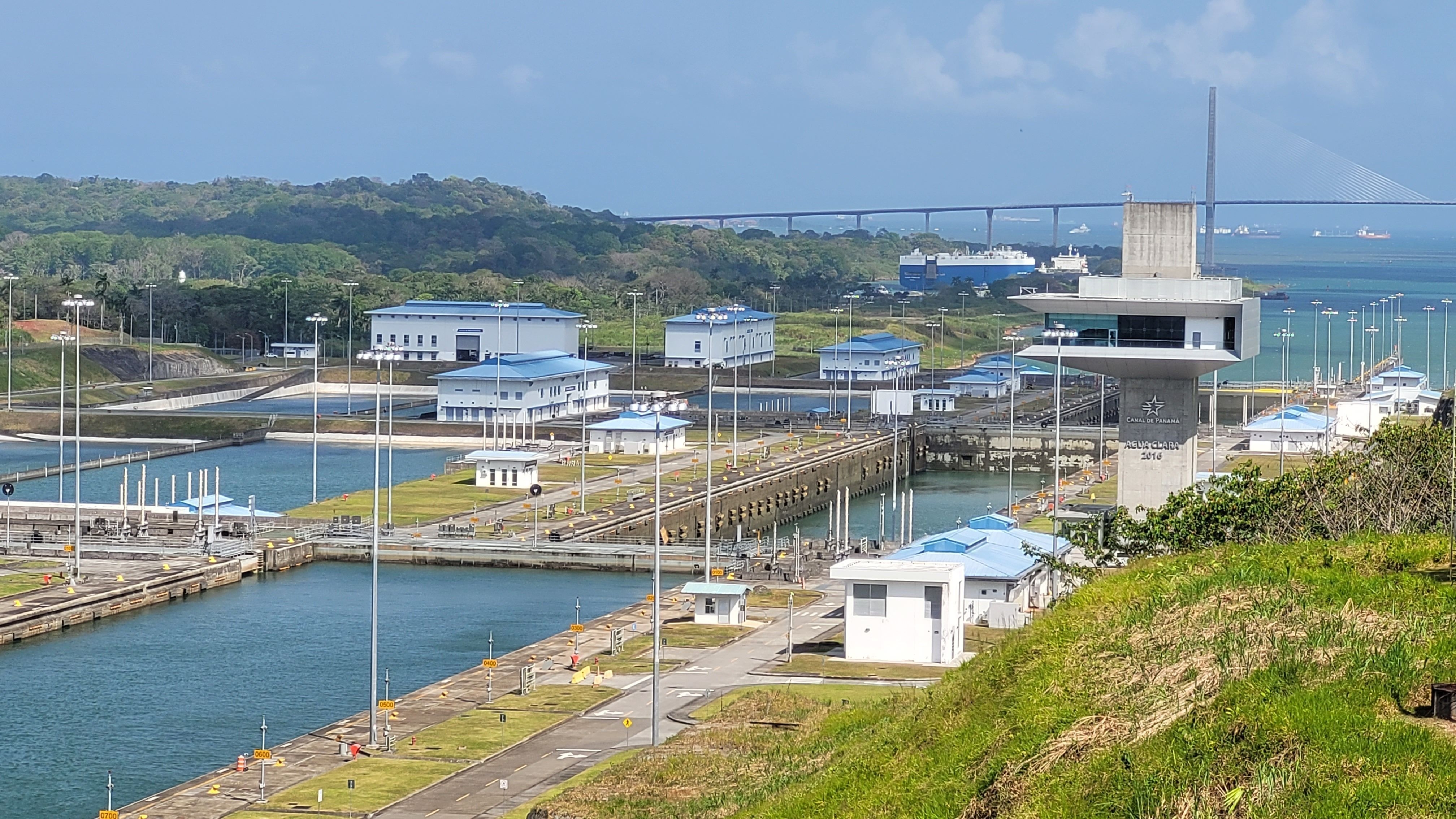 Photo: The view of the Agua Clara Locks at the Panama Canal near the marker