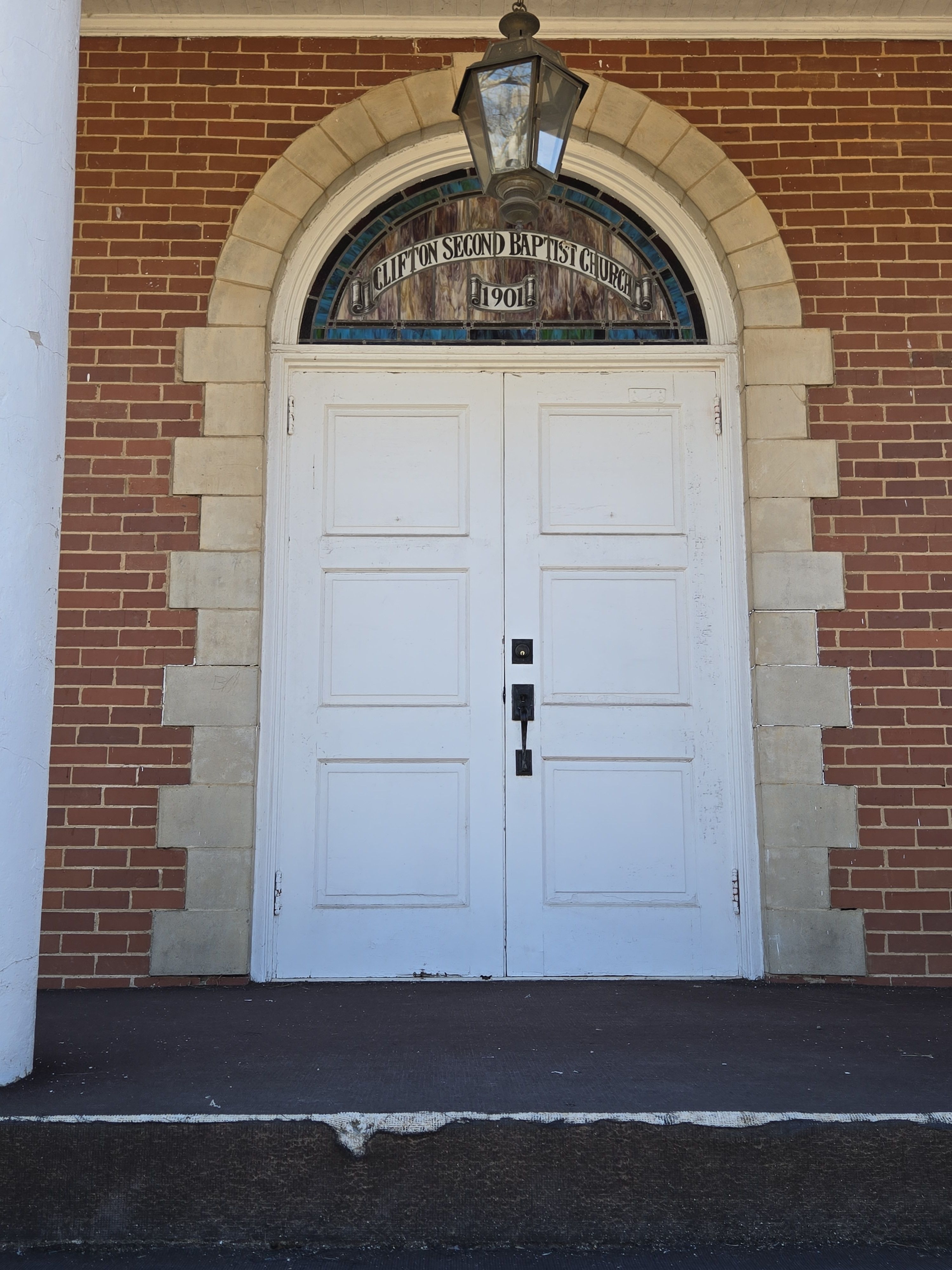 Photo: Clifton Second Baptist Church front entrance. Stained glass with ...