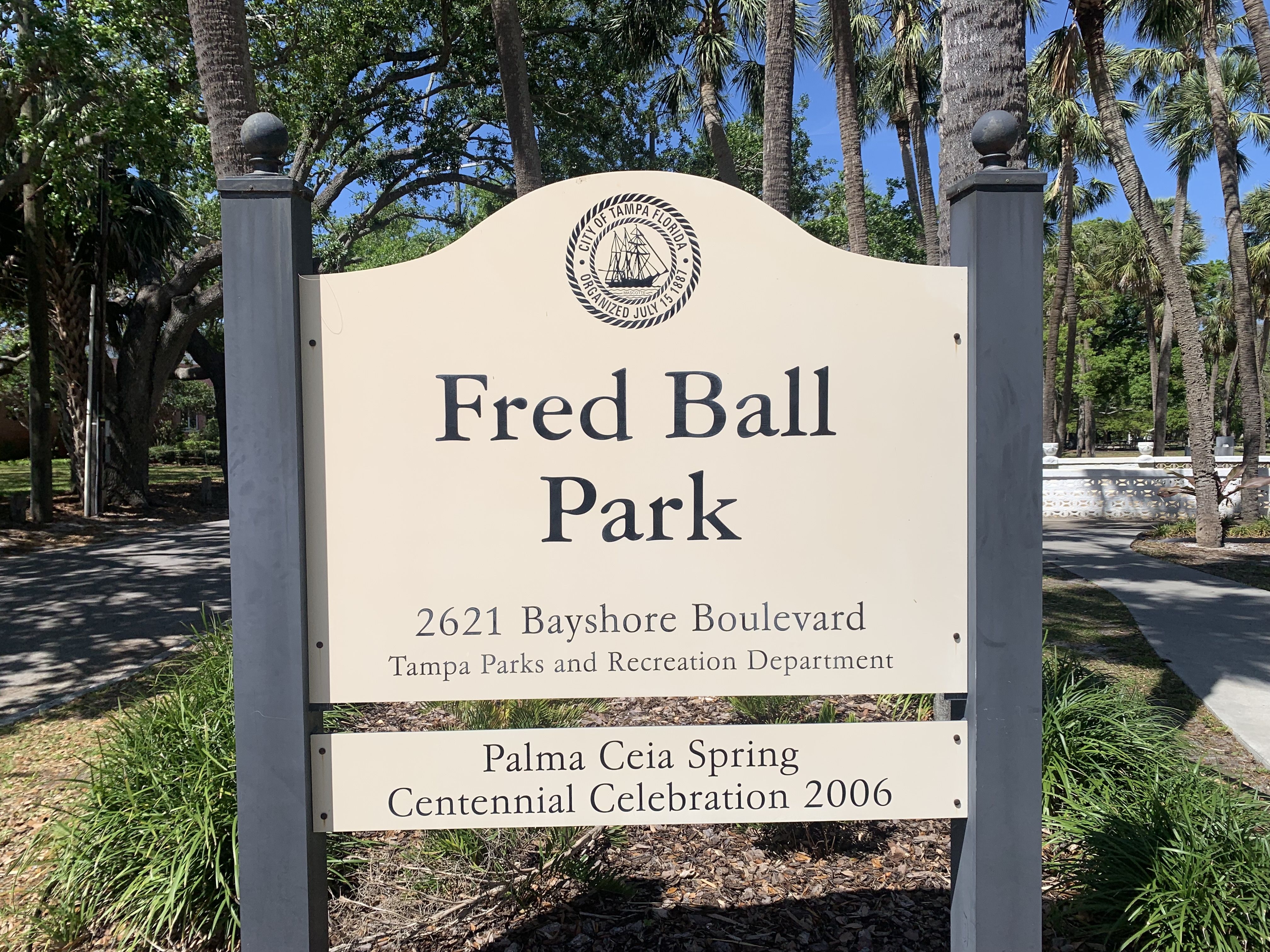 Photo: Fred Ball Park sign as seen from Bayshore Boulevard.