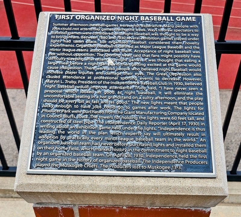 First Organized Night Baseball Game Historical Marker